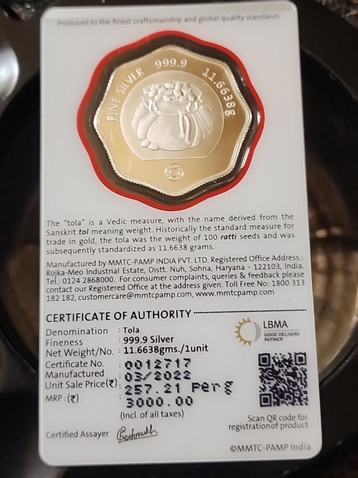 MMTC-Pamp 11.638 Gram Silver Tola in Assay Card [123GRA] | eBay