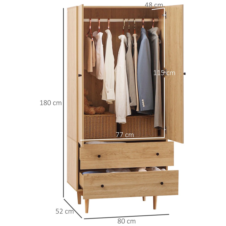 Tall Wooden 2 Door Wardrobe With 2 Drawers Bedroom Storage Hanging Bar ...