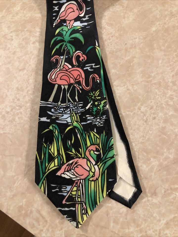 Men’s Tie Handmade/hand painted Flamingo /sun Design Black | eBay