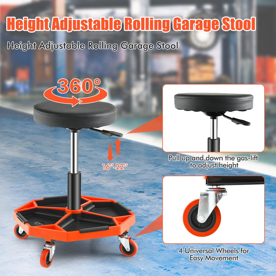 Pneumatic Rolling Mechanic Stool Roller Chair w/ 360°Rotatable Seat ...