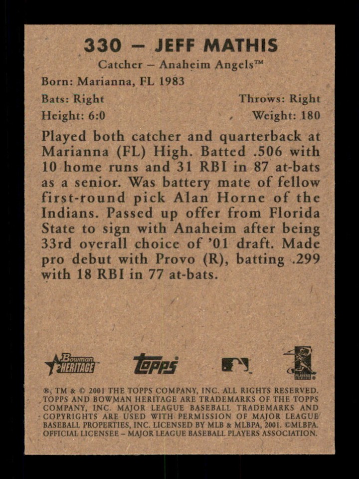 2001 Bowman Heritage - Jeff Mathis - On Card Autograph | eBay