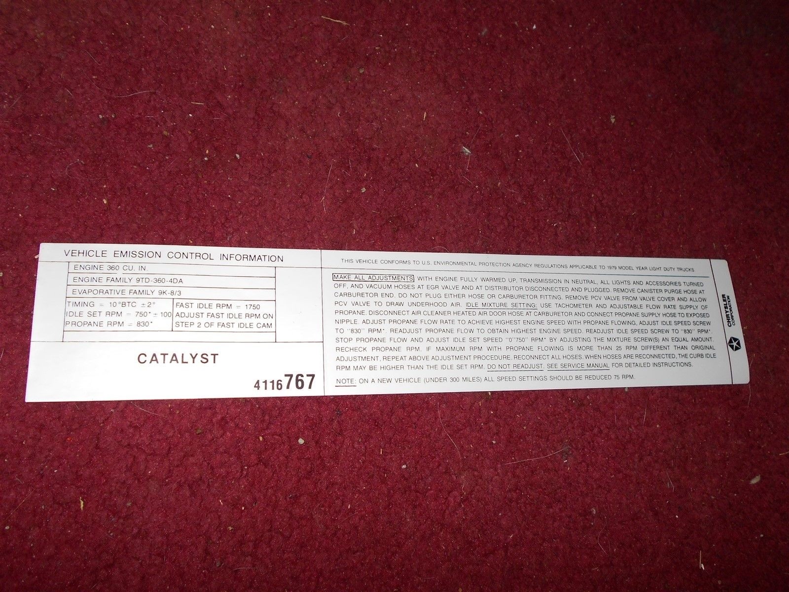1979 DODGE TRUCK RAM RAMCHARGER 360 4BBL ENGINE EMISSIONS DECAL STICKER ...