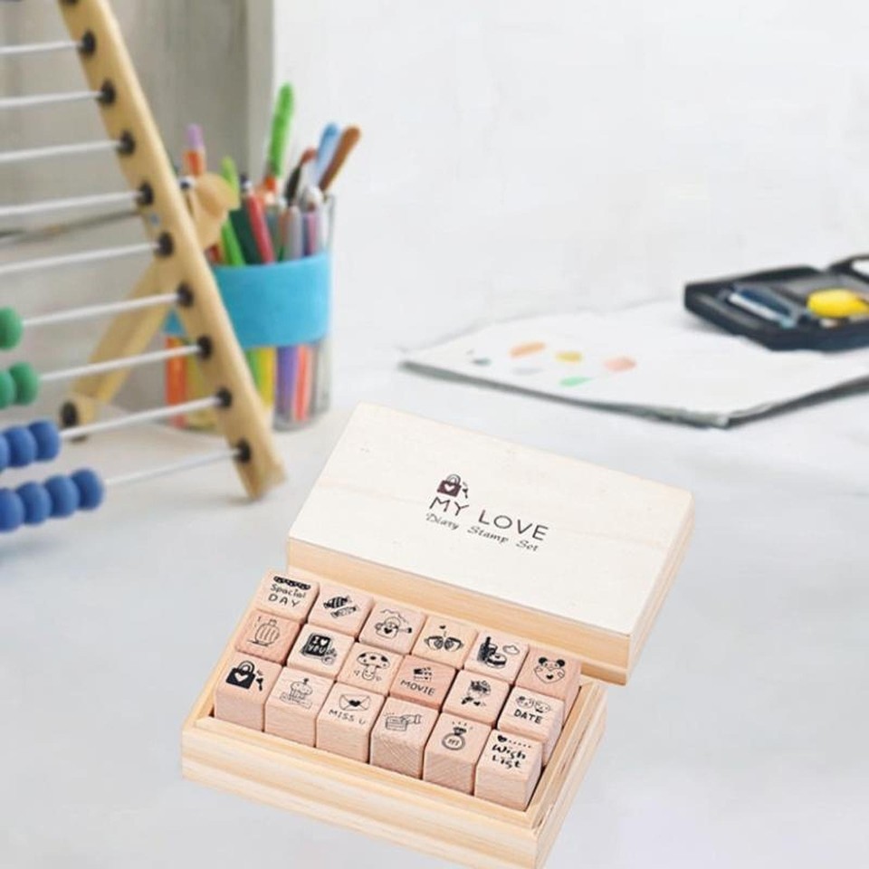 18Pcs Diary Stamp Set Wooden Rubber Stamps Crafts with Storage Box ...