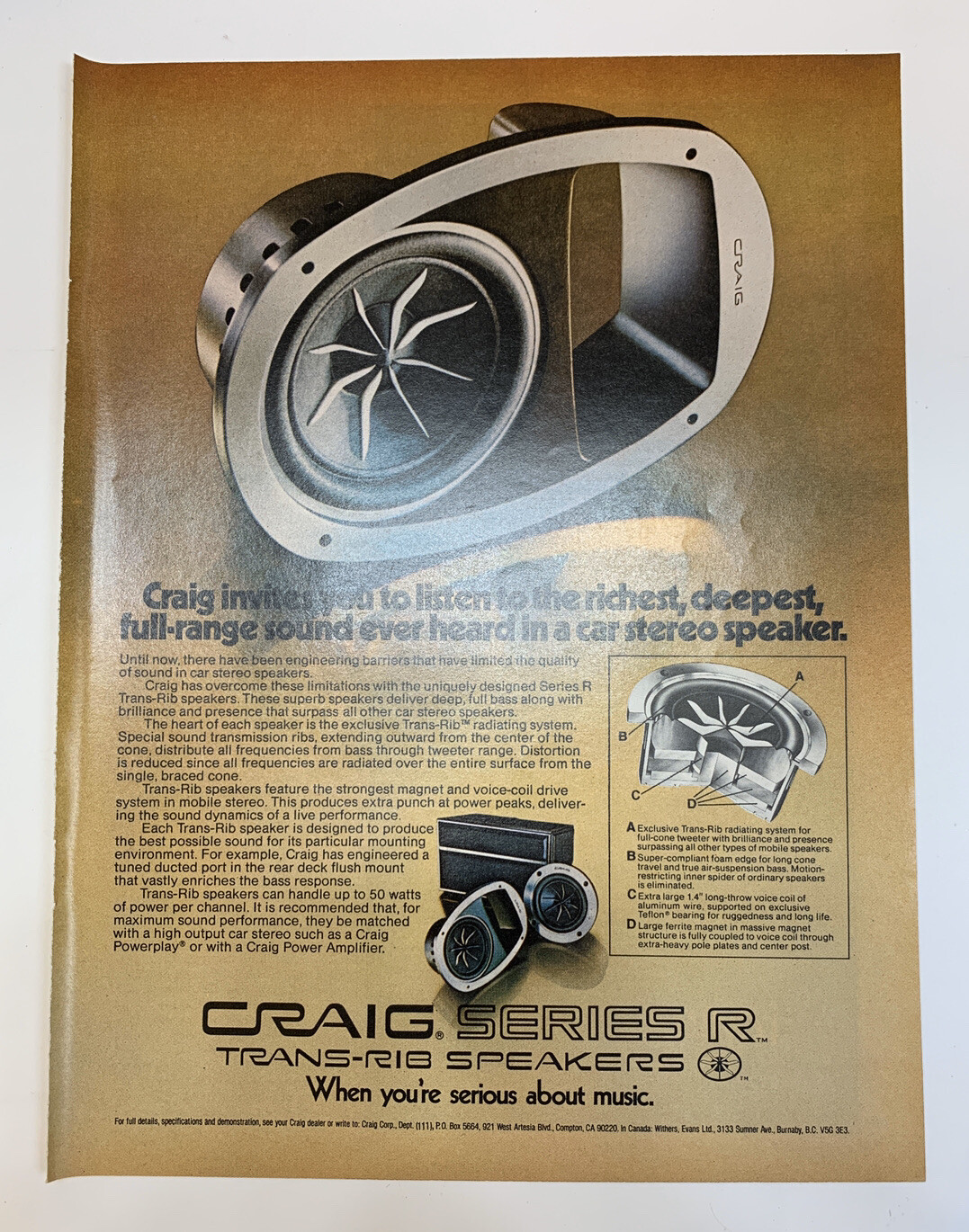 1978 Craig Series R Trans-Rib Speakers Print Ad Original Vintage Car ...