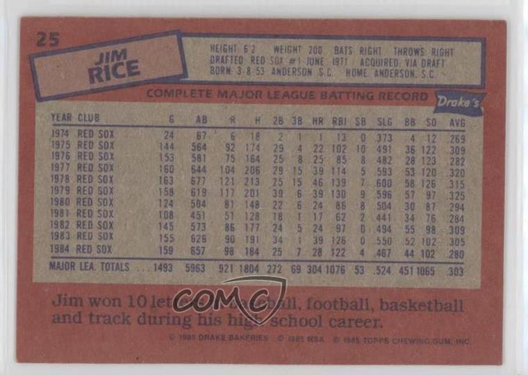 1985 Topps Drake's Big Hitters/Super Pitchers Food Issue Jim Rice #25 ...