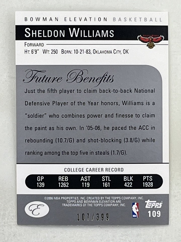 Sheldon Williams 2006-07 Bowman Elevation Blue RC /399 #109 Duke ...