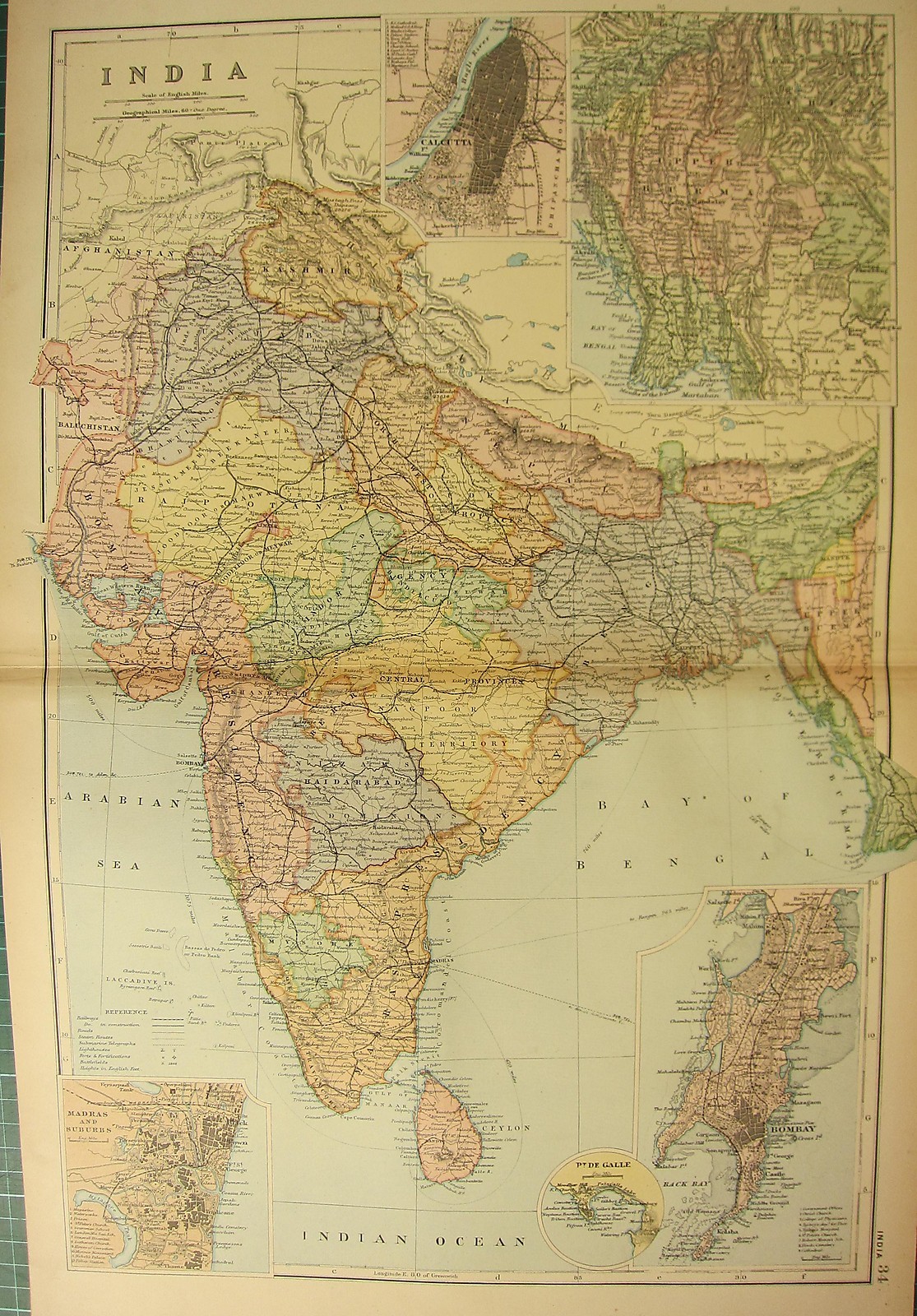 1894 ANTIQUE MAP ~ INDIA ~ CEYLON CALCUTTA MADRAS ENVIRONS BOMBAY ...