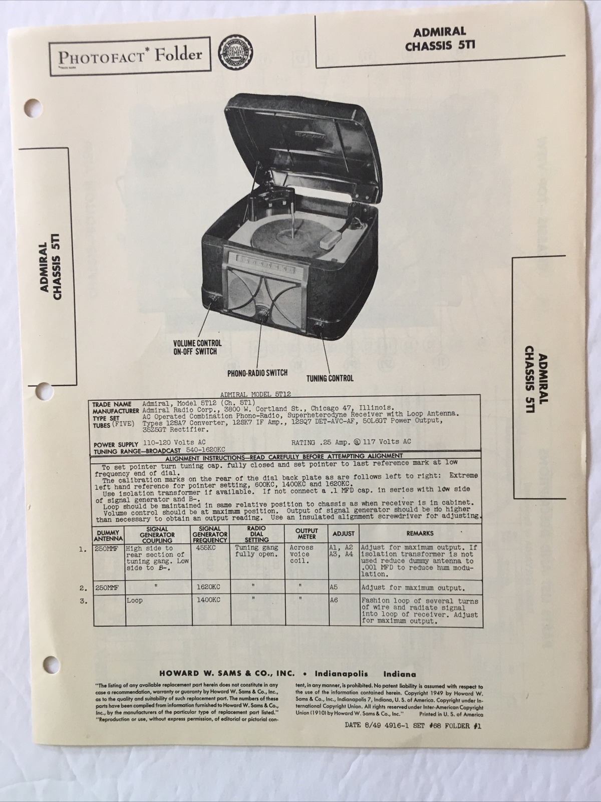 Vintage 1949 Admiral Phono Radio Chassis 5T1 Photofact Folder. F | eBay