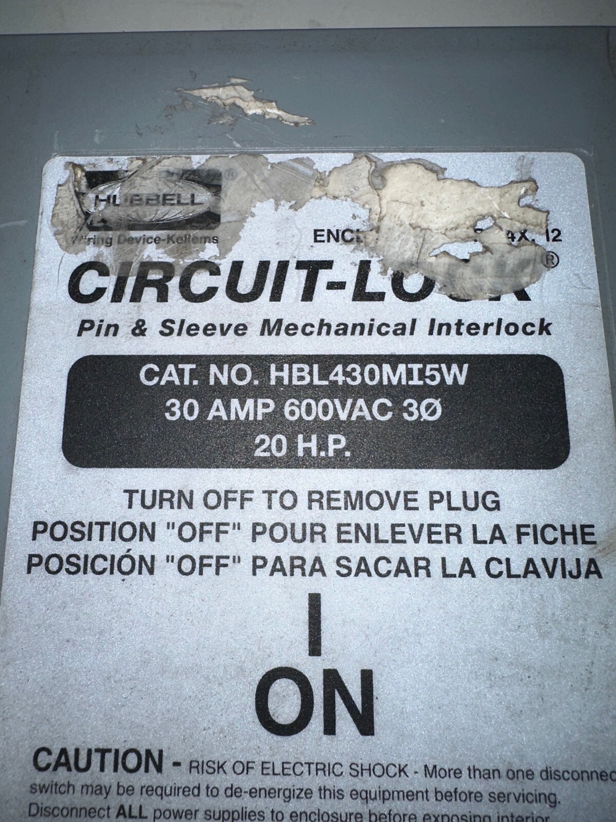 HUBBELL 30AMP 600 VOLT HBL 430MI5W MECHANICAL INTERLOCK PIN & SLEEVE ...