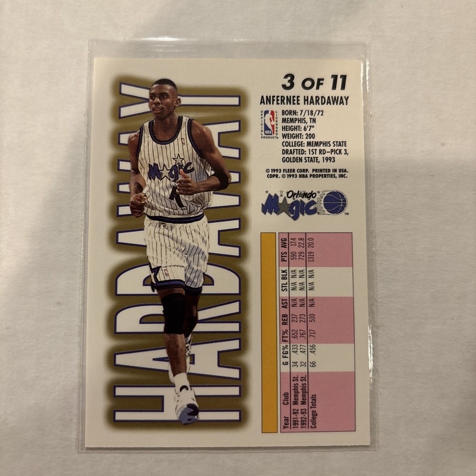 ANFERNEE HARDAWAY 1993-94 FLEER NBA DRAFT LOTTERY PICK #3 MAGIC ROOKIE ...