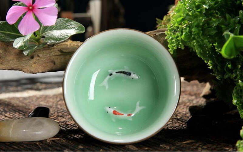 2pcs/lot Chinese Celadon Tea Set Pottery Tea Cup 55ml Fish Design Fine ...