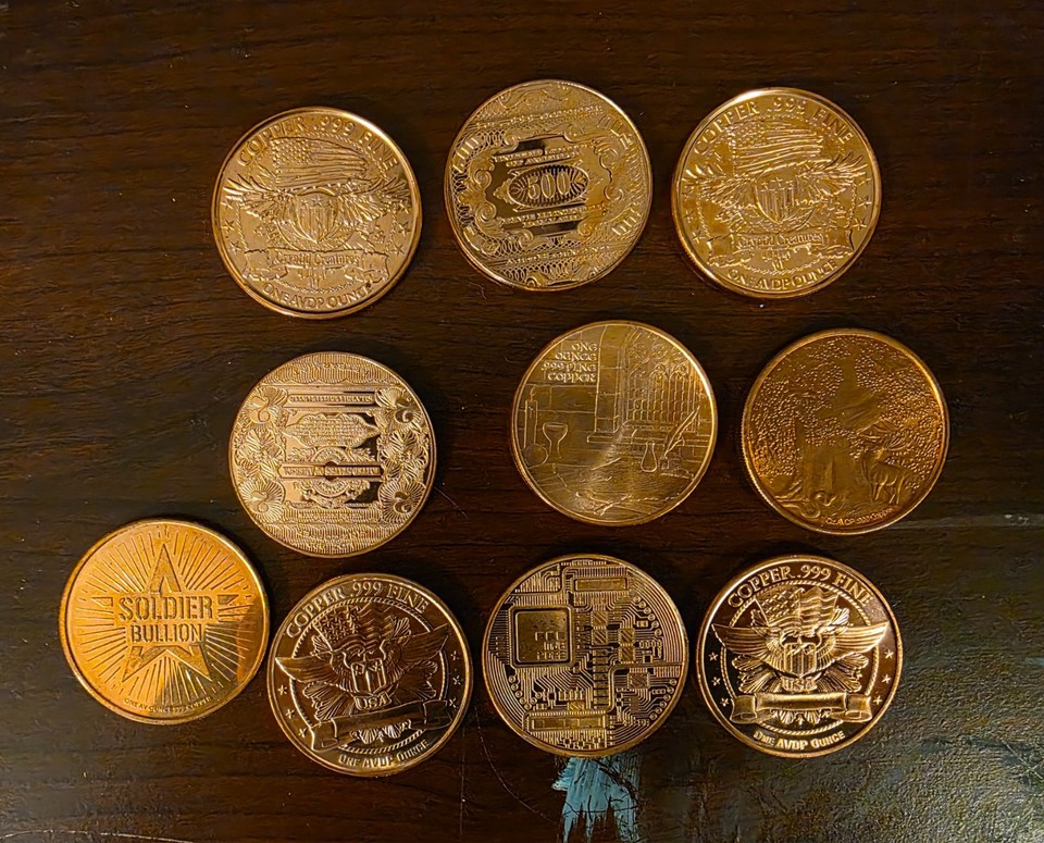 Lot of Ten Copper Rounds, each one ounce, ten ounces total, all ...