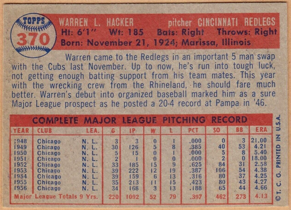 1957 Topps Baseball #370 Warren Hacker [EX/MT] | eBay