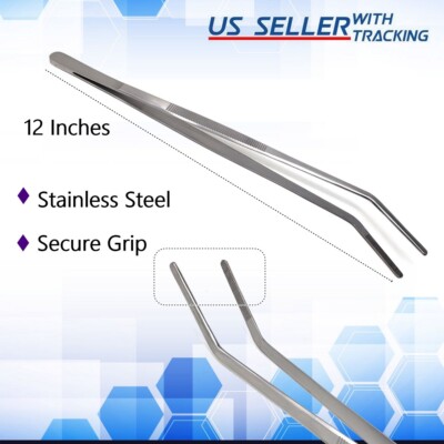 BBQ Chef Kitchen Food Cooking Tongs Long Tweezers Curved Blunt Serrated ...