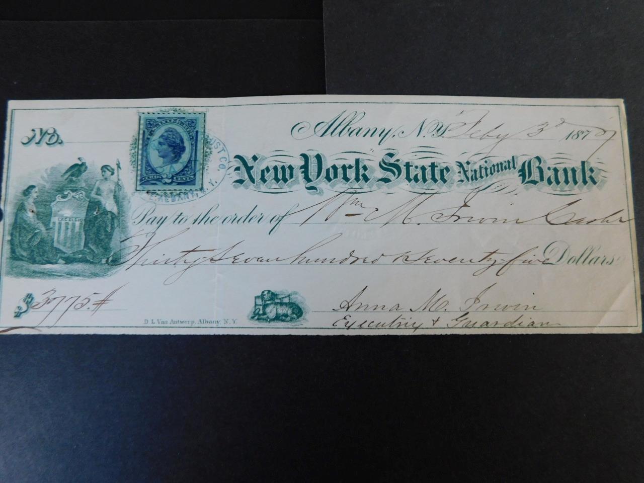 NEW YORK STATE NATIONAL BANK CHECK, 1877 WITH 2 CENT DOCUMENTARY, GREEN ...