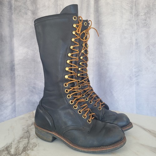 USA Made Tall Lace Up Linesman Logger Boots Men's Size 8.5 E Black