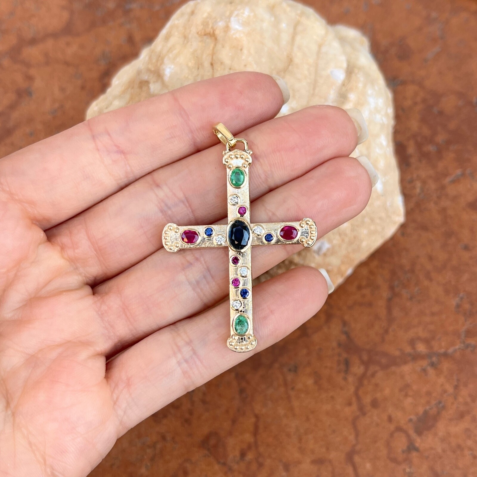 14KT Yellow Gold Diamond Emerald Ruby Sapphire Pendant Cross Etruscan ...