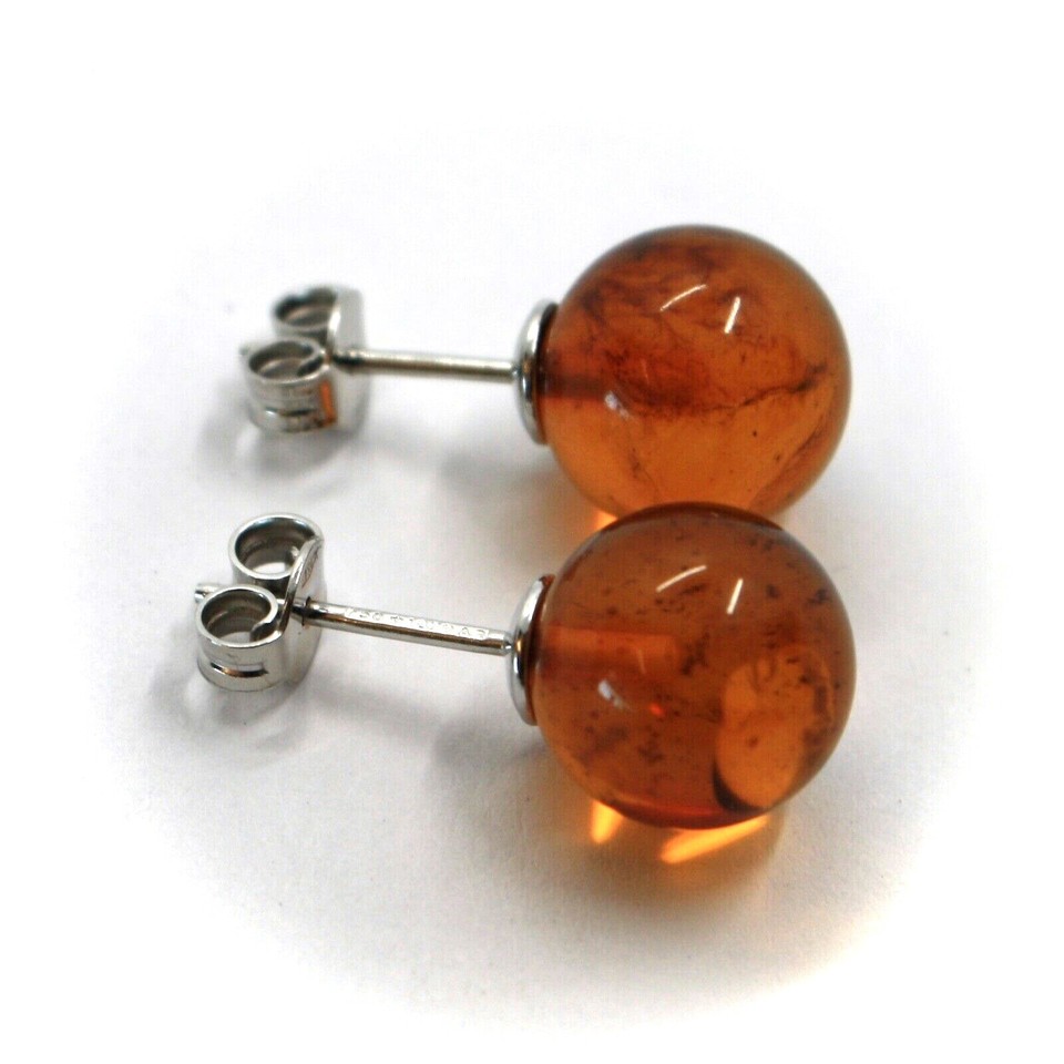 SOLID 18K WHITE GOLD LOBE EARRINGS, ORANGE AMBER 11mm SPHERES BUTTERFLY ...
