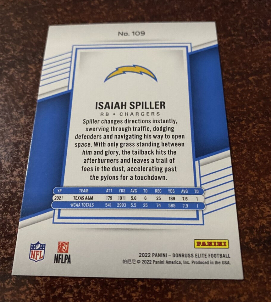 2022 Donruss Elite ISAIAH SPILLER Rookie Card "GREEN" Parallel #109 RC ...