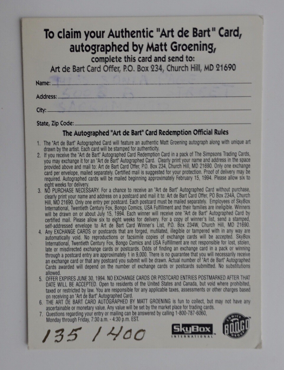 The Simpsons 1993 trading card « Art De bart » Redemption Card - Skybox ...