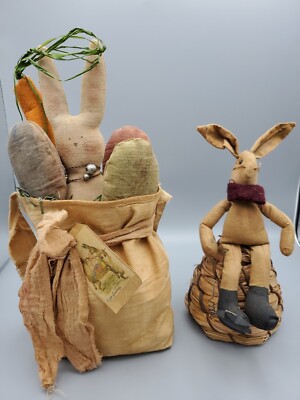 2 Vtg Primitive Folk Art Grungy Grubby Easter Rabbits Bunnies Fabric ...