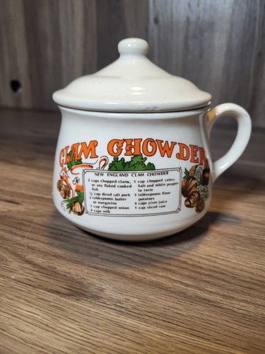 Vintage Clam Chowder Soup Recipe Bowl Cup Mug Crock With Lid Rustic | eBay