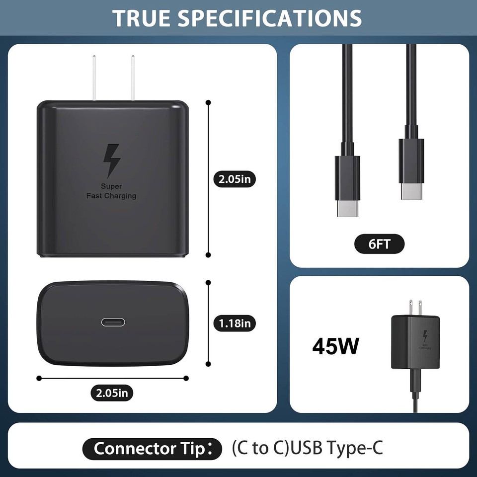 45W PD Fast Wall Charger+Type-C Cable For Samsung Galaxy S23 S22 S21 ...
