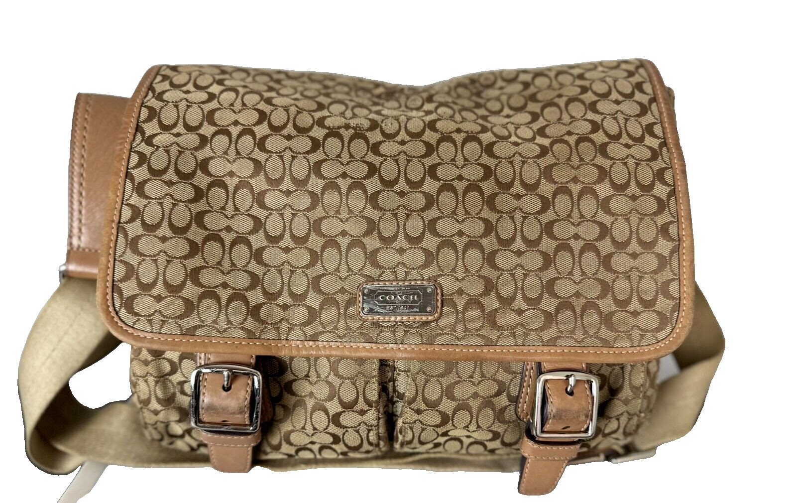 Coach Large Signature Beige Canvas & Leather Messenge… - Gem