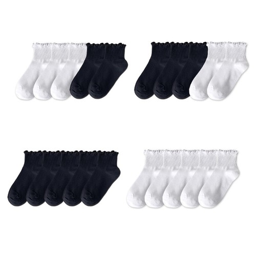 5 Pairs Solid Color Ankle Socks Black White Ruffle Cotton Crew Socks ...