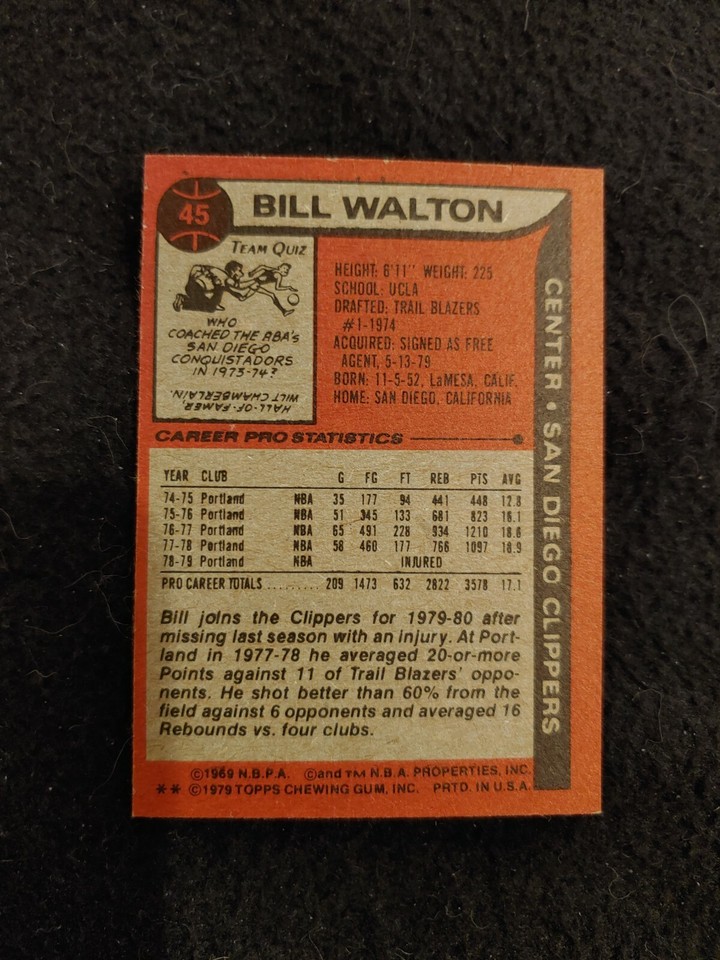 1979 Topps Bill Walton basketball card #45 San Diego Clippers NM | eBay