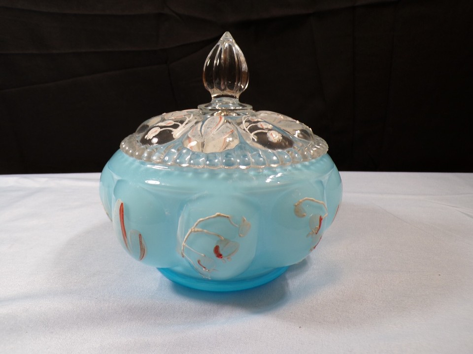 Large Fenton Blue Overlay Glass Melon Dresser Puff Box w/ Enamel ...