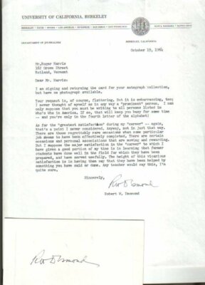 (2) Robert W. Desmond Autographs Letter & Card 1961 Berkeley Teacher ...