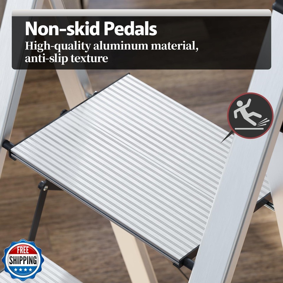 KINGRACK Aluminium 5 Step Ladder, Lightweight Step Stool with Non-Skid ...