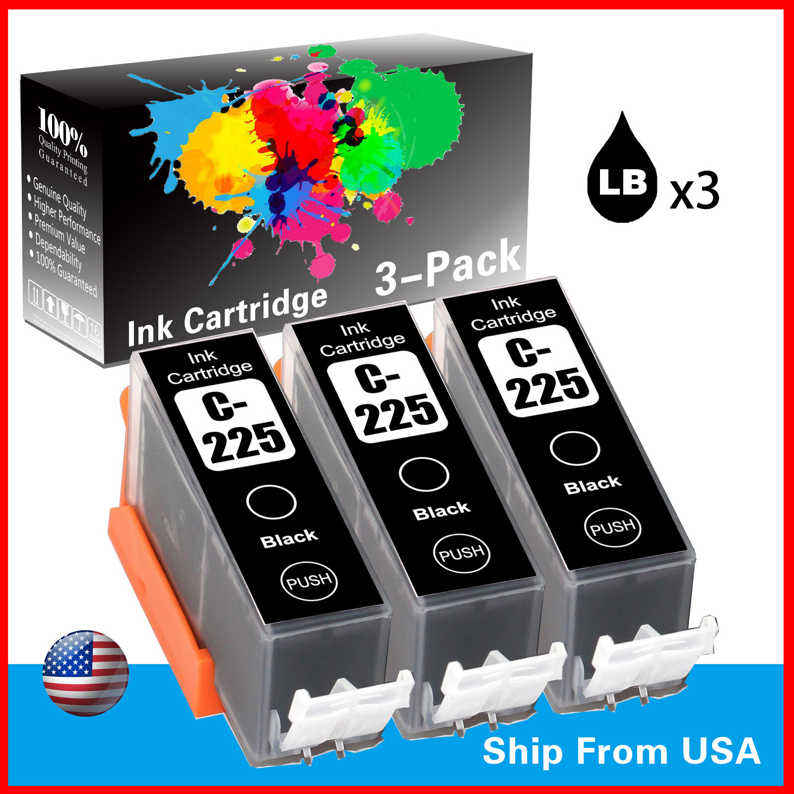 (3PK,Black) PGI225 PGI-225 Ink Cartridge for Pixma MG5100 MX710 MG5320 ...