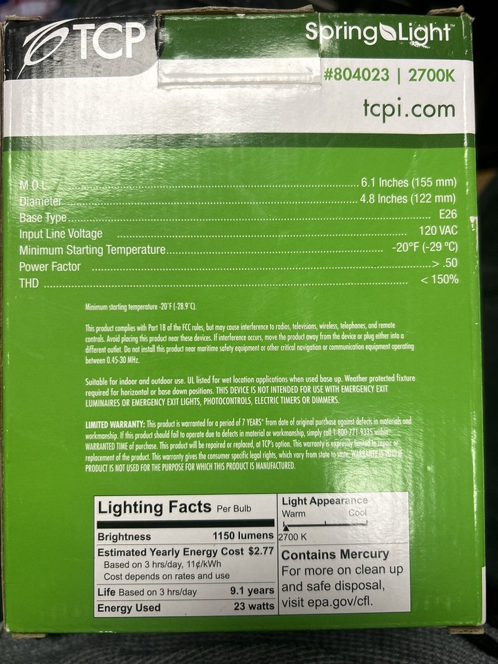 REPLACEMENT BULB FOR TCP, SOFT WHITE #804023, WESTINGHOUSE 23CFL R40/27 ...