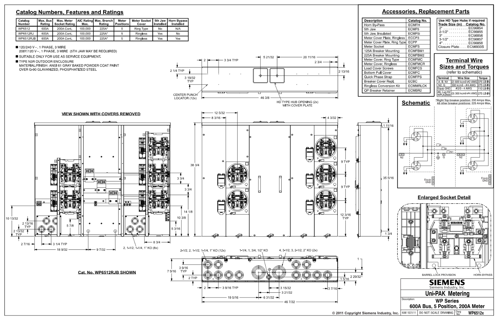 Siemens WP6512 5-Gang 600A 225 Amp RING-TYPE UNI-PAK Meter Socket | eBay