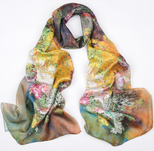 100% Silk Scarf Women neckerchief long Shawl Wrap floral green yellow ...