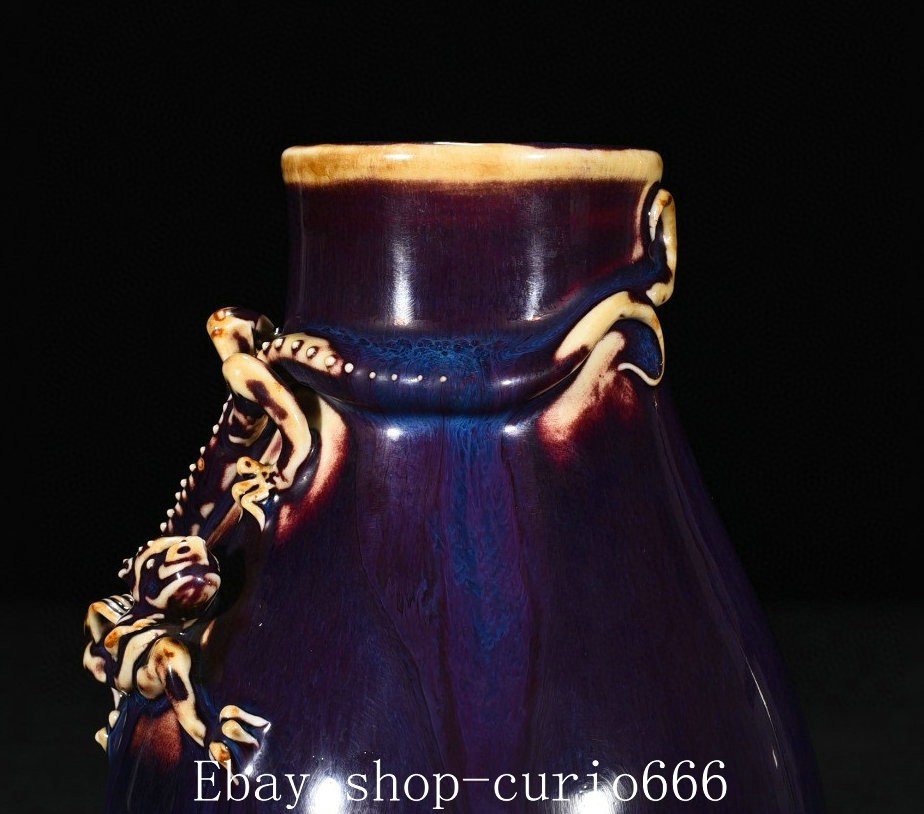7"Old Qing Dynasty Purple glaze Porcelain Dragon Loong Beast Flower ...