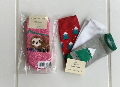 NWT Aeropostale Womens Holiday 4 Pc Crew Socks & Sloth Fuzzy Socks One ...