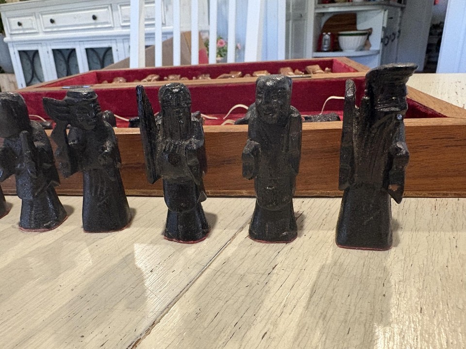 Hand Carved Wooden Chess Set Asian Theme With Storage Box Complete ...