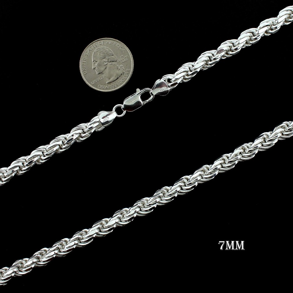 Real 925 SOLID Sterling Silver Diamond-Cut ROPE Chain Necklace or ...