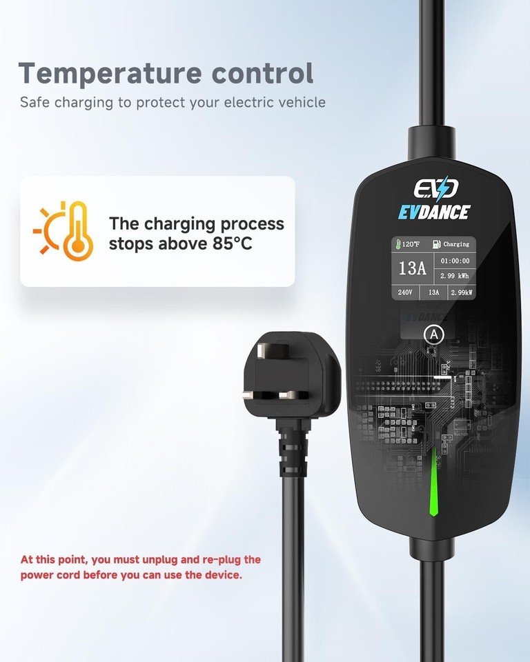 6m Portable EV Type 2 Fast Charger Charging Cable - 6/8/10/13A - 2.99kw ...