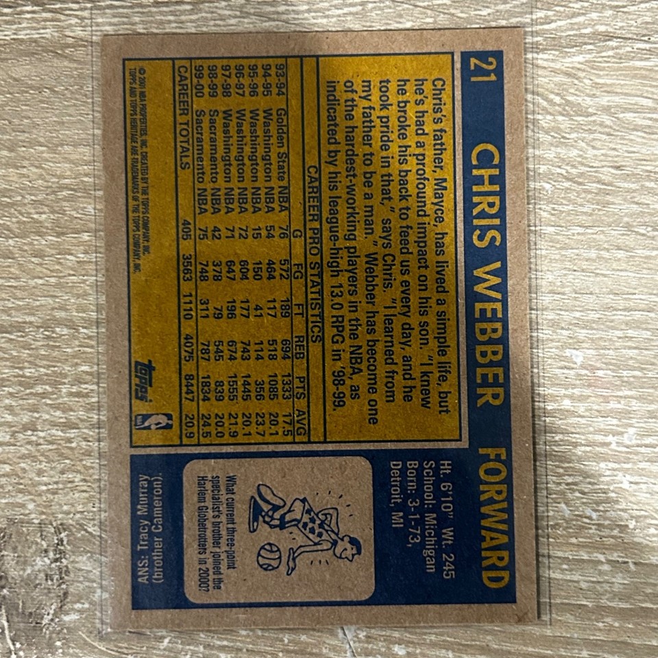2000-01 Topps Heritage - Chris Webber #21 Sacramento Kings | eBay