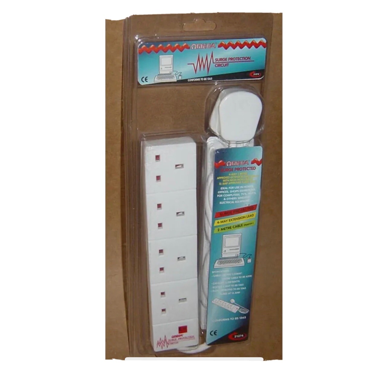 OMEGA 4 Way Multiway Plug Adapter Surge Protector Extension Lead 13 Amp ...