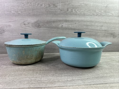 Vtg Prizer Ware Cast Iron Enamel Covered Casserole Dish & Saucepan ...