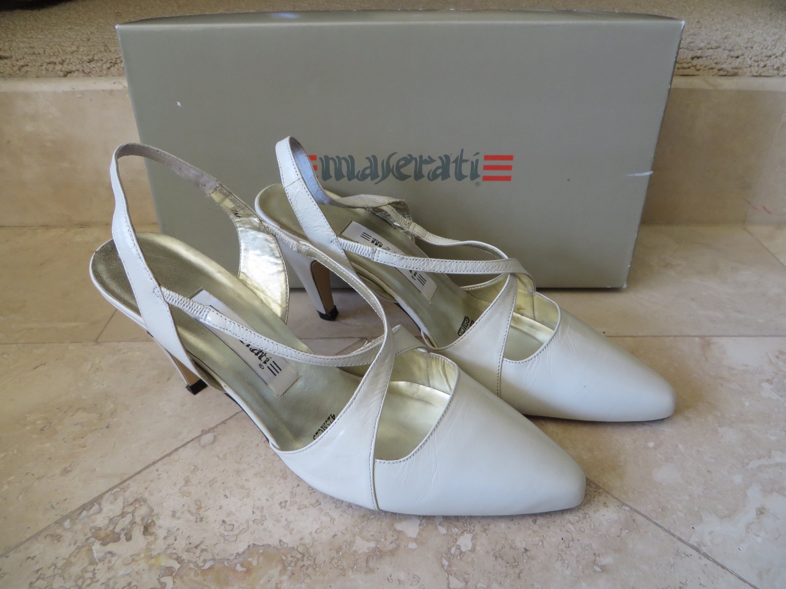 Maserati Bone Leather Closed Pointy Toe Sling Back 3" Heels 7M Worn ...