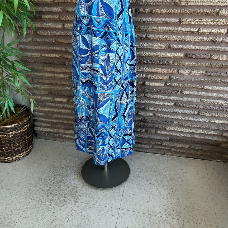 Vintage 60s 70s Hawaiian Fashions At Sears Blue Barkcloth Batik Maxi Aloha Dress | eBay