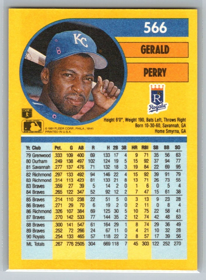 Gerald Perry 1991 Fleer BASEBALL #566 Kansas City Royals | eBay