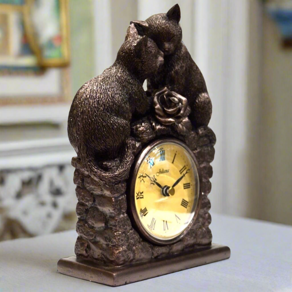Bronze Effect Cat Couple Mantel Clock Unusual Unique Juliana Figurine ...