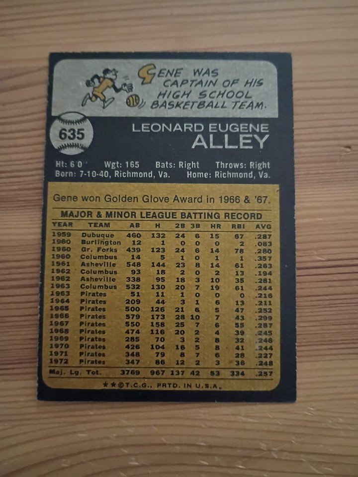 1973 Topps - High Number Gene Alley #635 | eBay